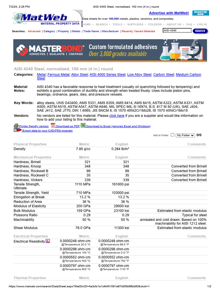 AISI 4340 Steel, Normalized, 100 MM (4 In.) Round | PDF | Strength Of ...