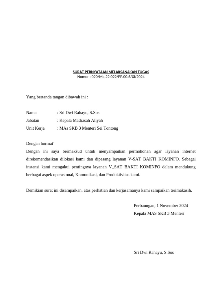 Surat Pernyataan Melaksanakan Tugas | PDF