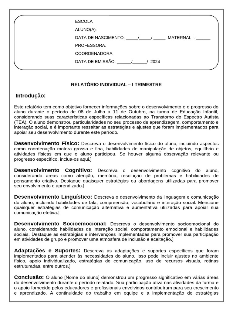 Modelo de Relatorio (Tea) | PDF | Aprendizado | Espectro do autismo
