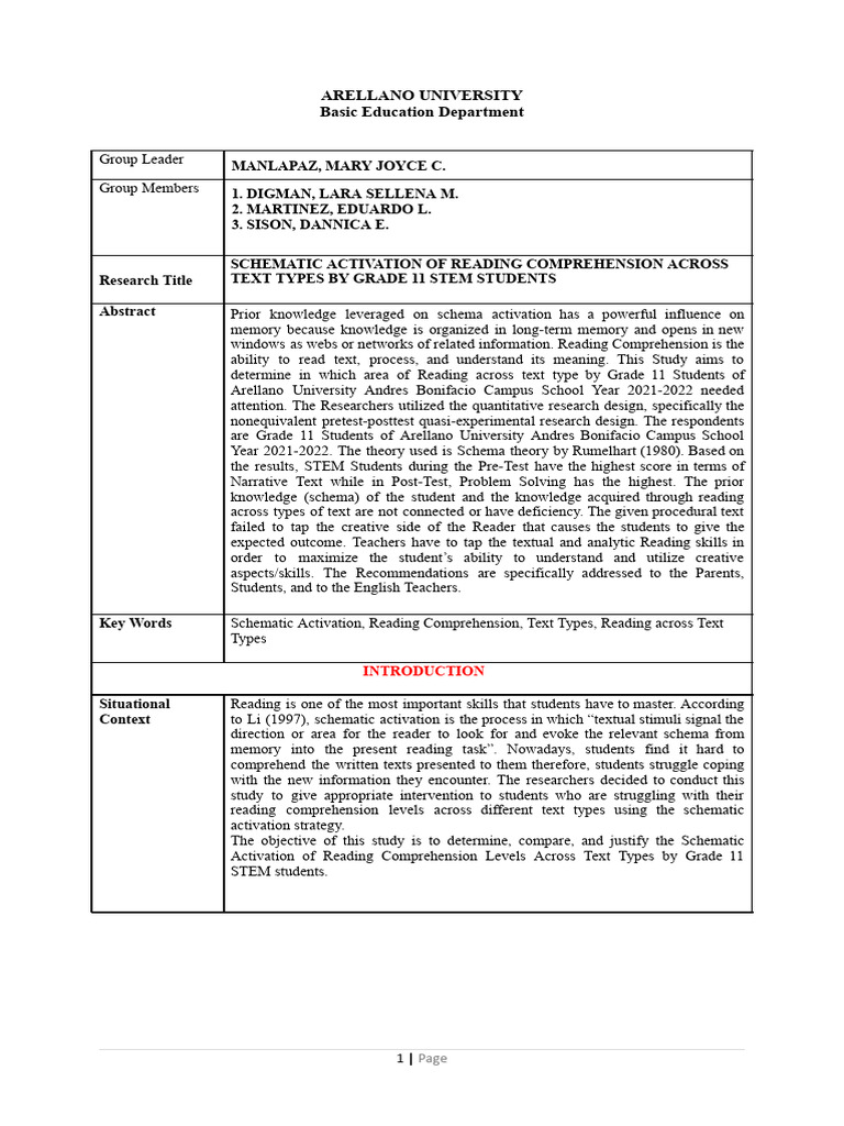 Schematic Activation Stem | PDF | Reading Comprehension | Schema ...