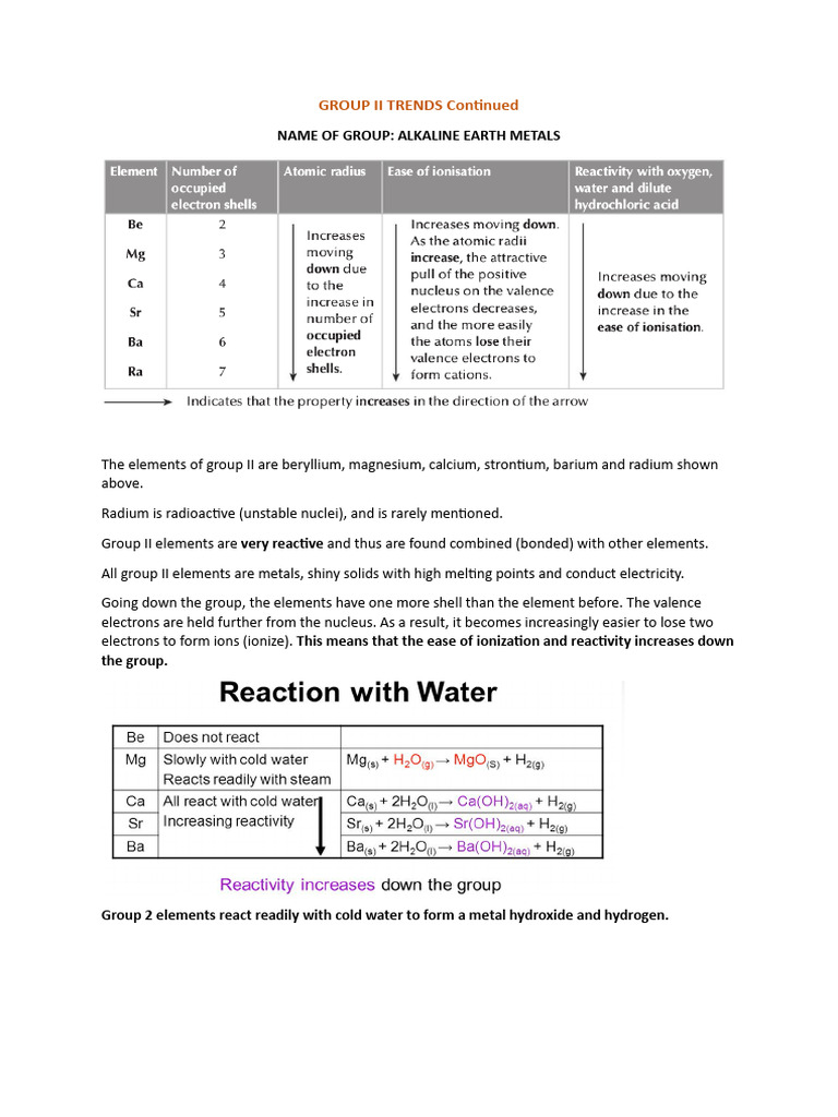 Group Ii Trends Continued: Name of Group: Alkaline Earth Metals | PDF ...