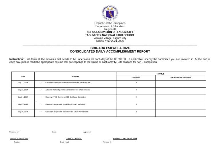 Consolidated Daily Accomplishment Report Be 2024 | PDF