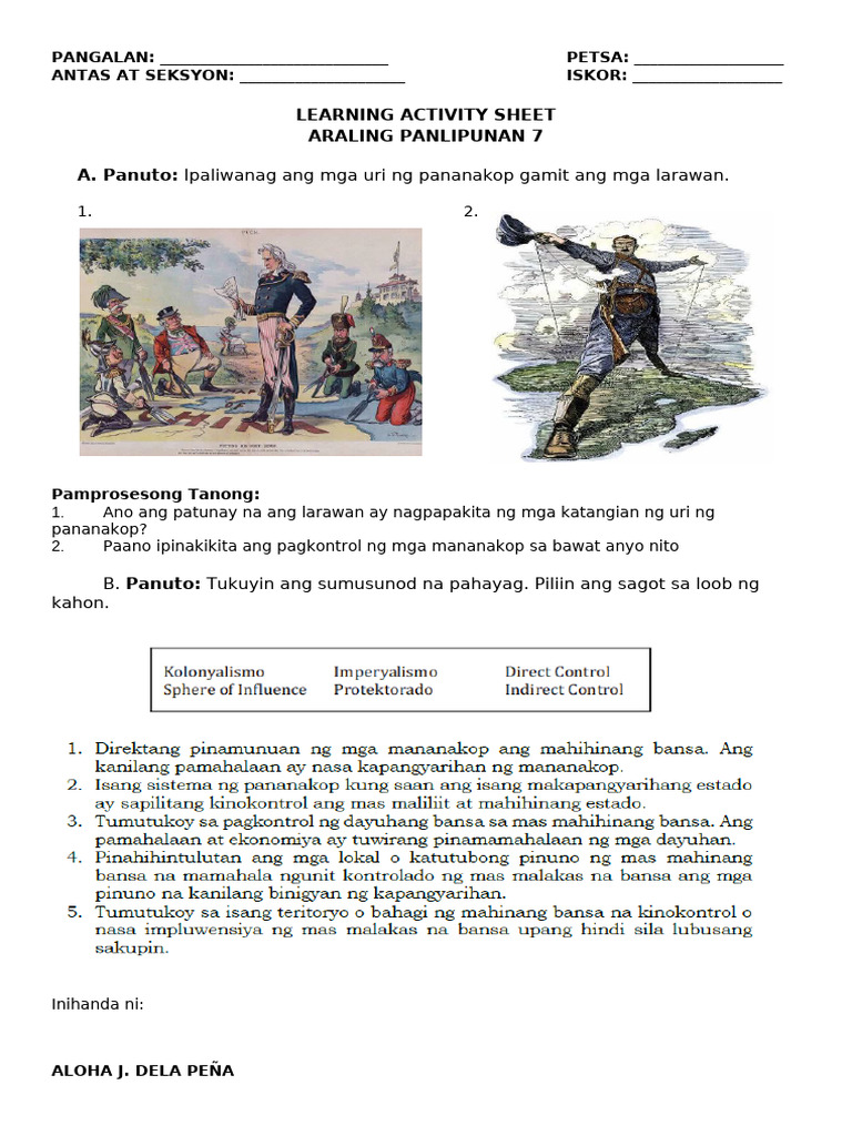 Learning Activity Sheet Araling Panlipunan 7 A. Panuto:: Ipaliwanag Ang Mga Uri NG Pananakop ...