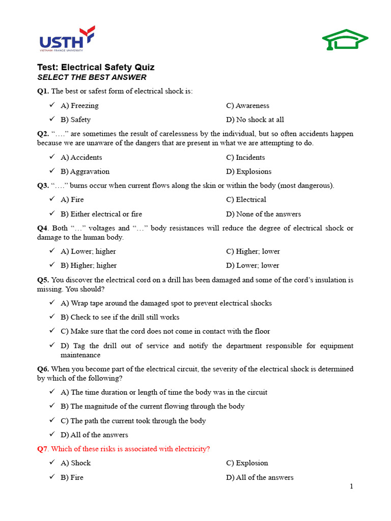 Electrical Safety Quiz and Answers | PDF | Materials Science ...