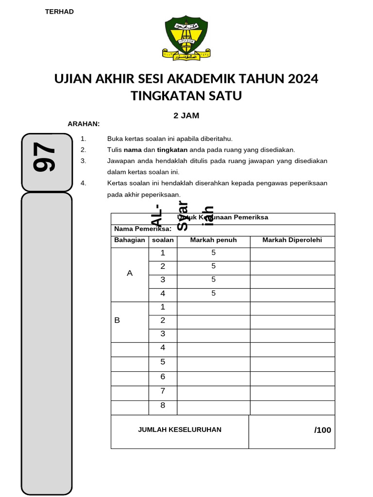 Muka Depan Soalan Uasa 2024 | PDF