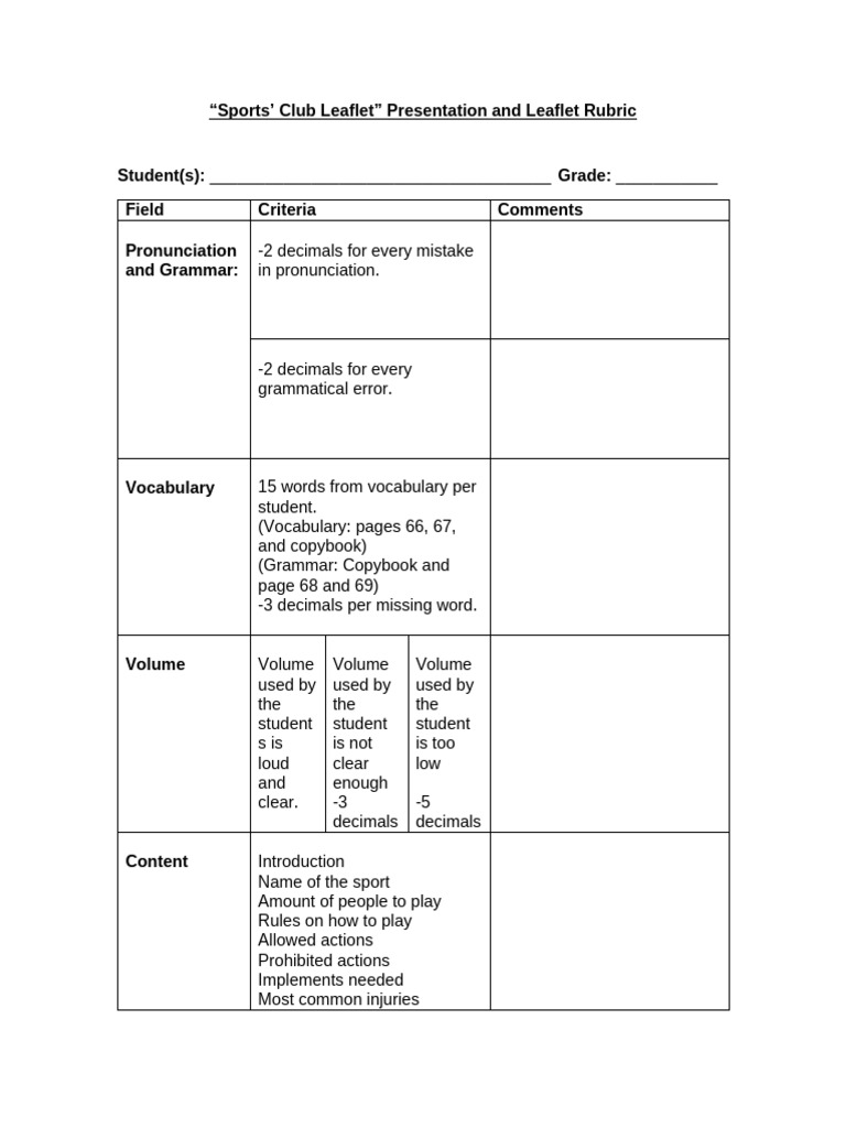 "Sports' Club Leaflet" Presentation and Leaflet Rubric | PDF
