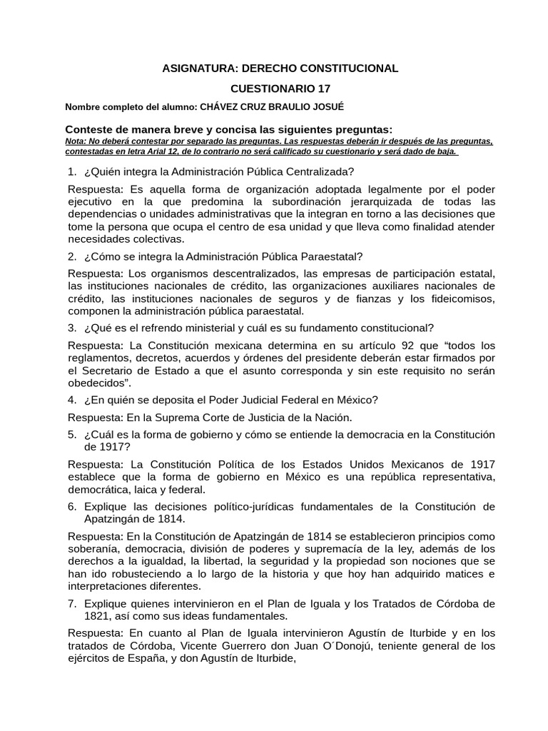 CUESTONARIO 17 Chávez Cruz Braulio | PDF | Constitución | México