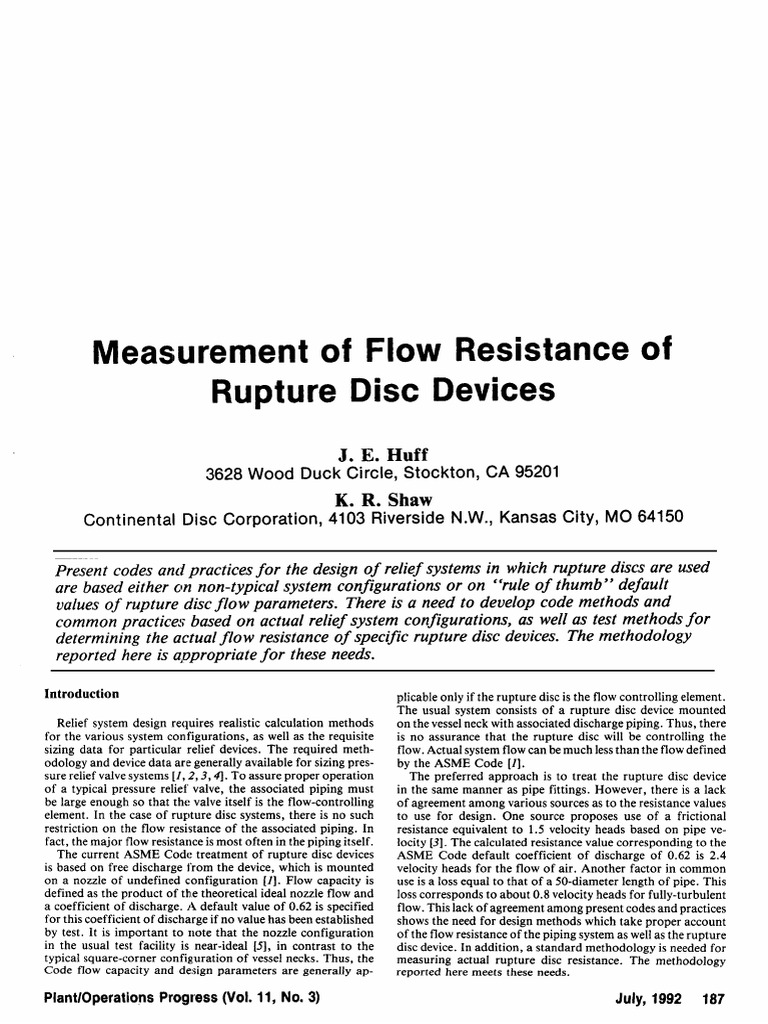Measurement of Flow Resistance of Rupture Disk Devices, Huff, Shaw 1992 ...