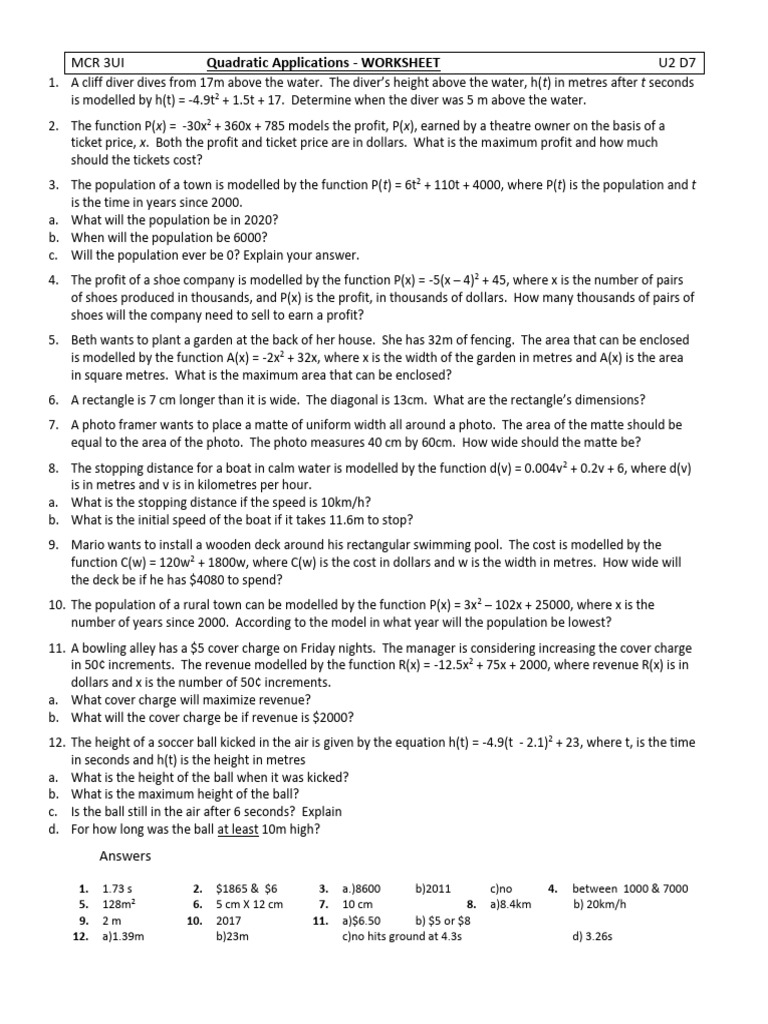 MCR 3UI U2 D7 Applications of Quadratics WORKSHEET | PDF