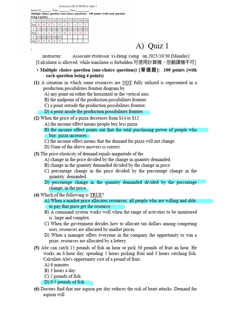 Economics Quiz 1: Multiple Choice Questions | PDF | Elasticity ...