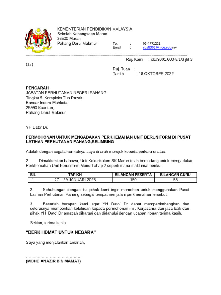 Surat Permohonan Perkhemahan 2023 | PDF