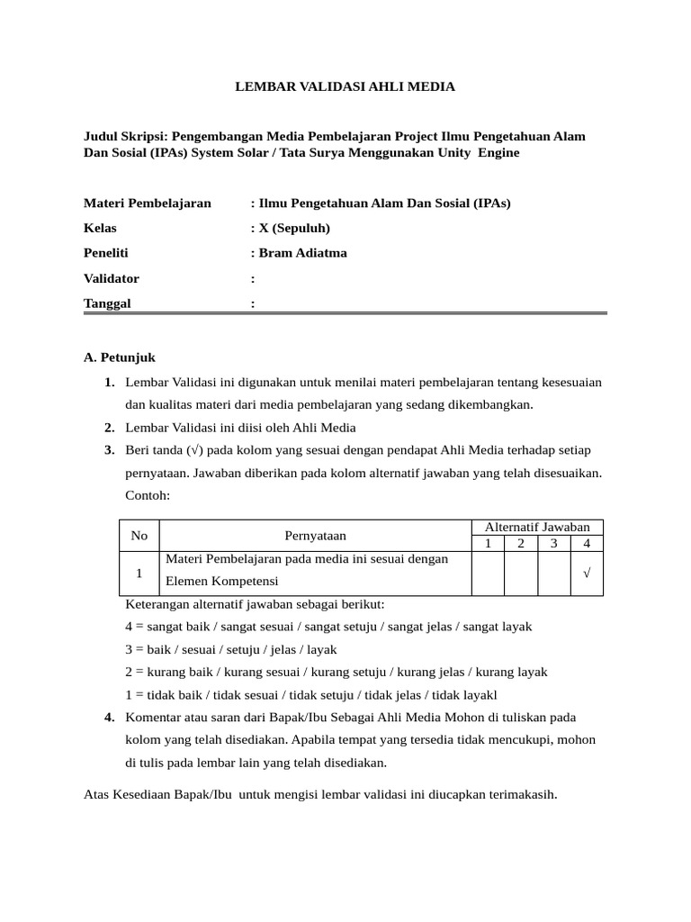 Lembar Validasi Media Pembelajaran IPAs | PDF