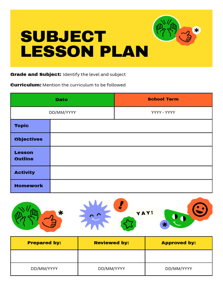Subject Lesson Plan Doc in Yellow Green Pastel Purple Colourful Style | PDF