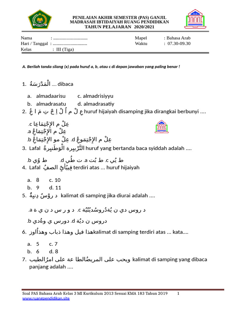 Soal Pas Bahasa Arab Kelas 3 Mi | PDF