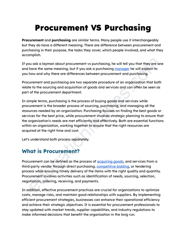 Procurement VS Purchasing | PDF | Procurement | Business