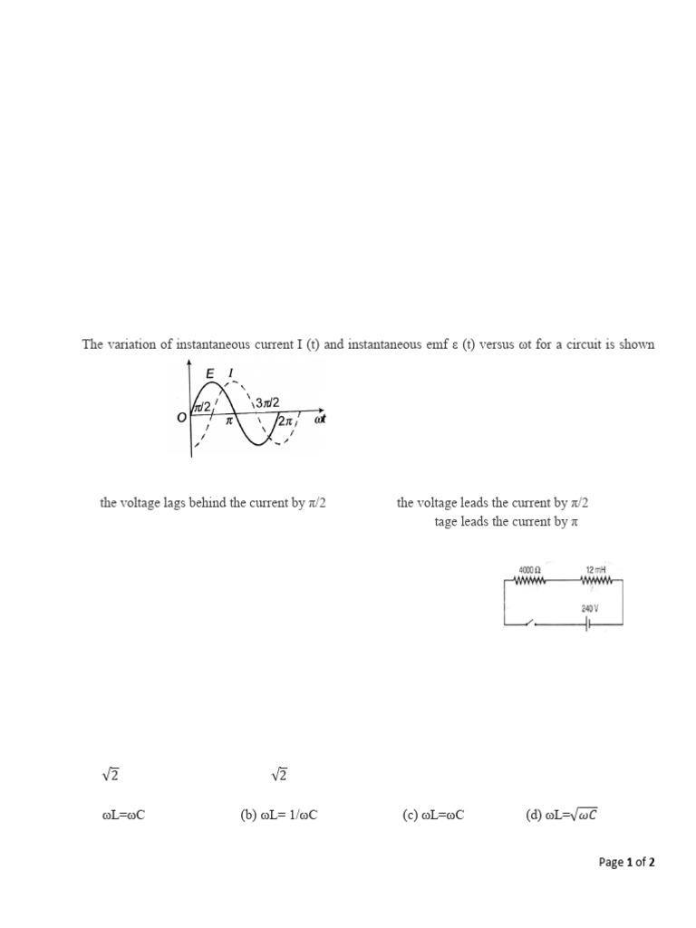 XII Alternating Current WS 2 MCQ 1723543878 | PDF | Inductor | Transformer