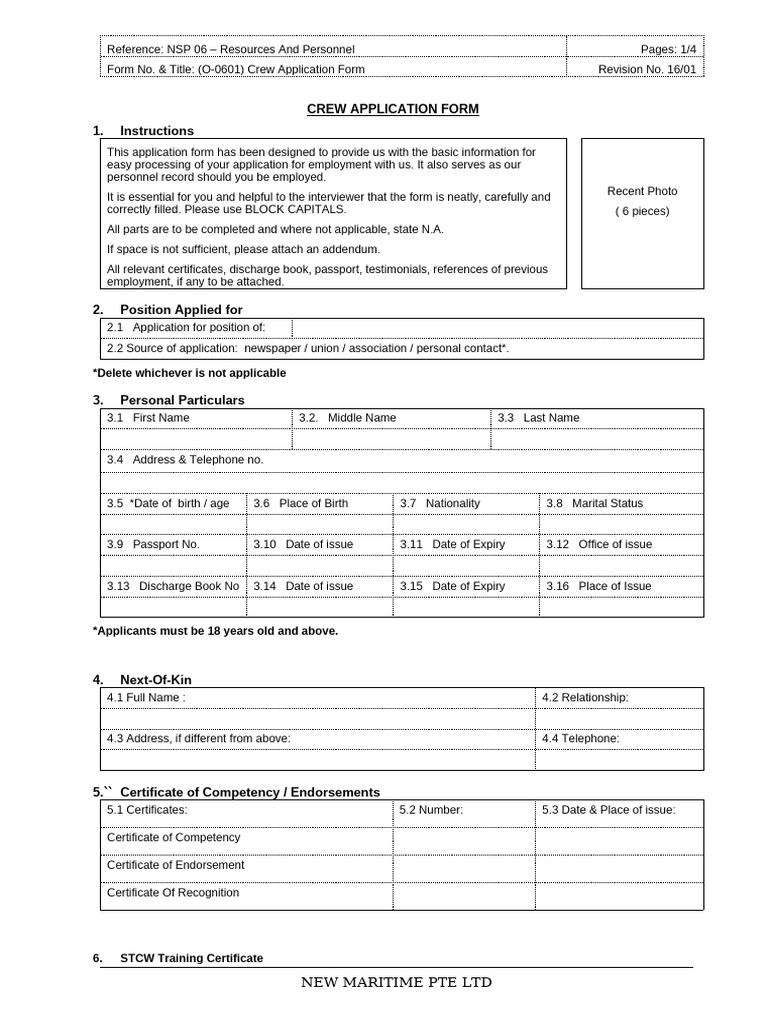 01 O 0601 Crew Application Form 16 01 Salinan Pdf Shipping