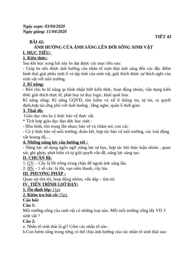 Sinh9 - Tiet 43 - Anh Huong Cua Anh Sang Len Doi Song SV | PDF