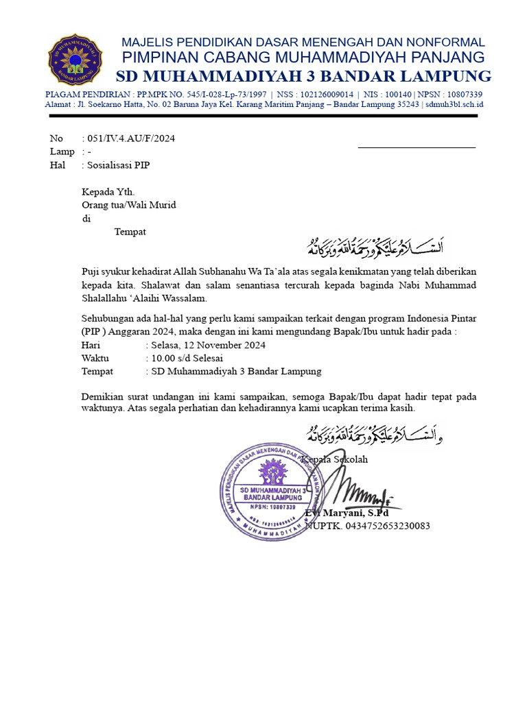 Surat Undangan Sosialisasi PIP | PDF