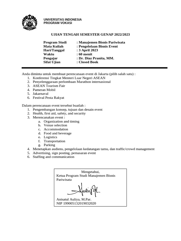 Pengelolaan Bisnis Event UTS Semester Genap 2022-2023 | PDF