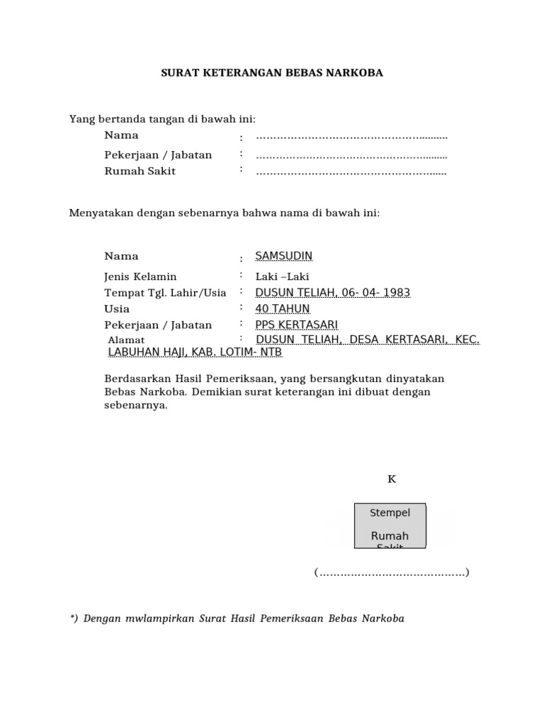 Surat Keterangan Bebas Narkoba | PDF