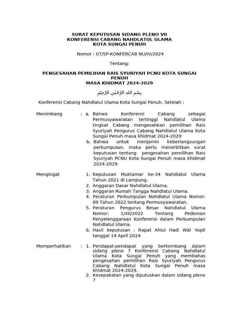 7 Baru 4 Pengesahan Pemilihan Rais Syuriyah Pcnu Kota Sungai Penuh | PDF 7 Baru 4 Pengesahan Pemilihan Rais Syuriyah Pcnu Kota Sungai Penuh | PDF