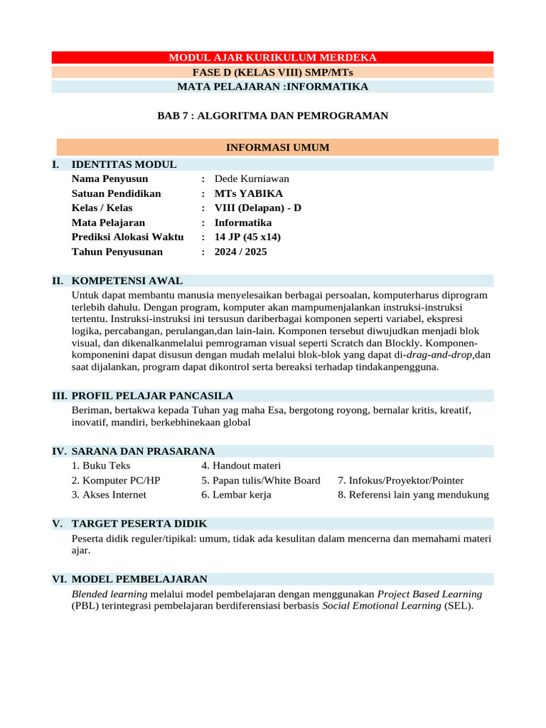 Algoritma dan Pemrograman Kelas VIII | PDF