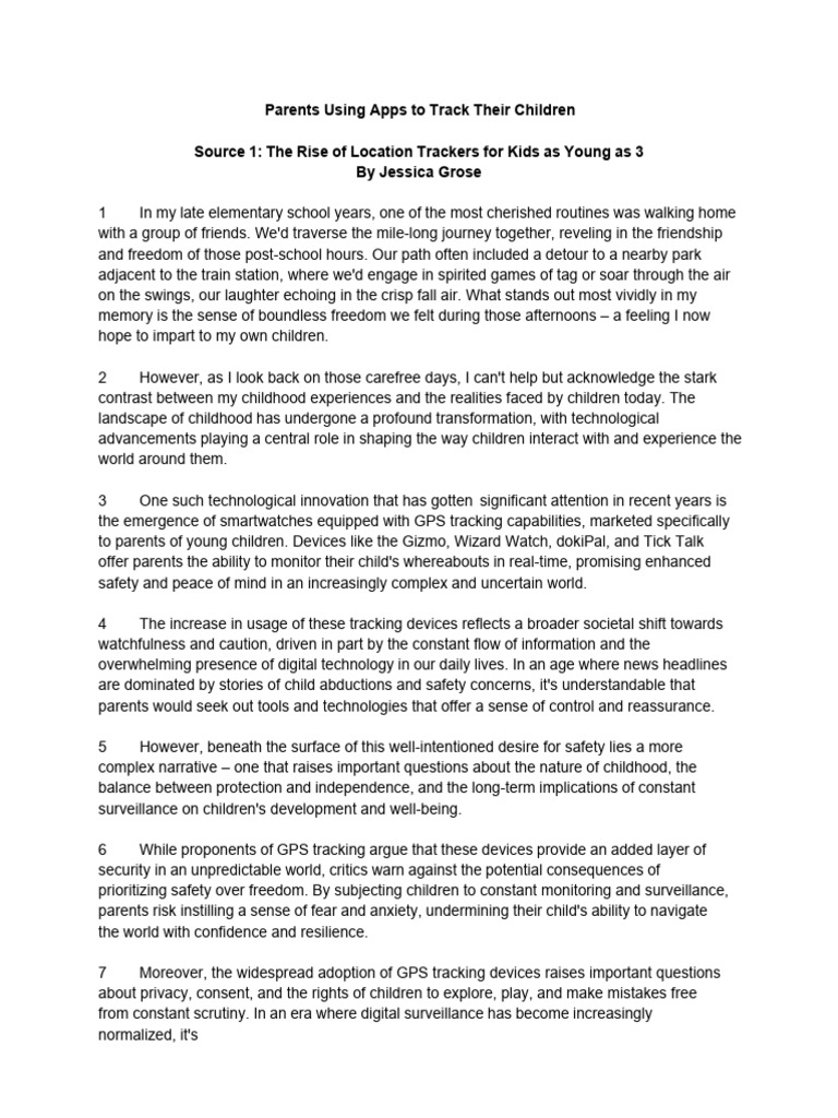 TEXT SET Grade 8 Argumentative Packet - Should Parents Track Their ...