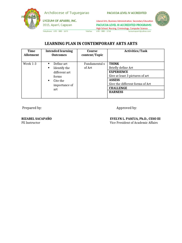 Learning Plan in Contemporary Arts Arts | PDF | Physical Education ...