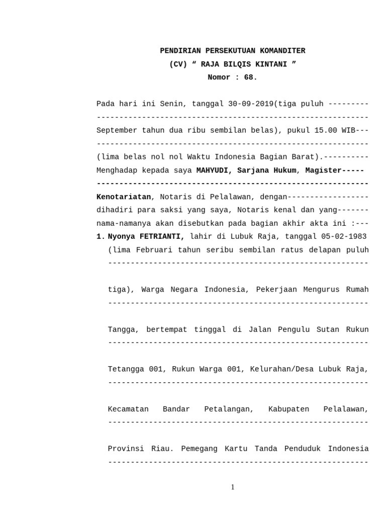 AKTA CV. Raja Bilqis Kintani | PDF | Teknologi & Rekayasa