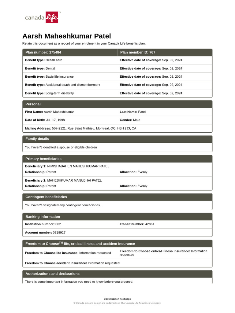 Canada Life Benefits Enrollment Record | PDF | Life Insurance | Insurance