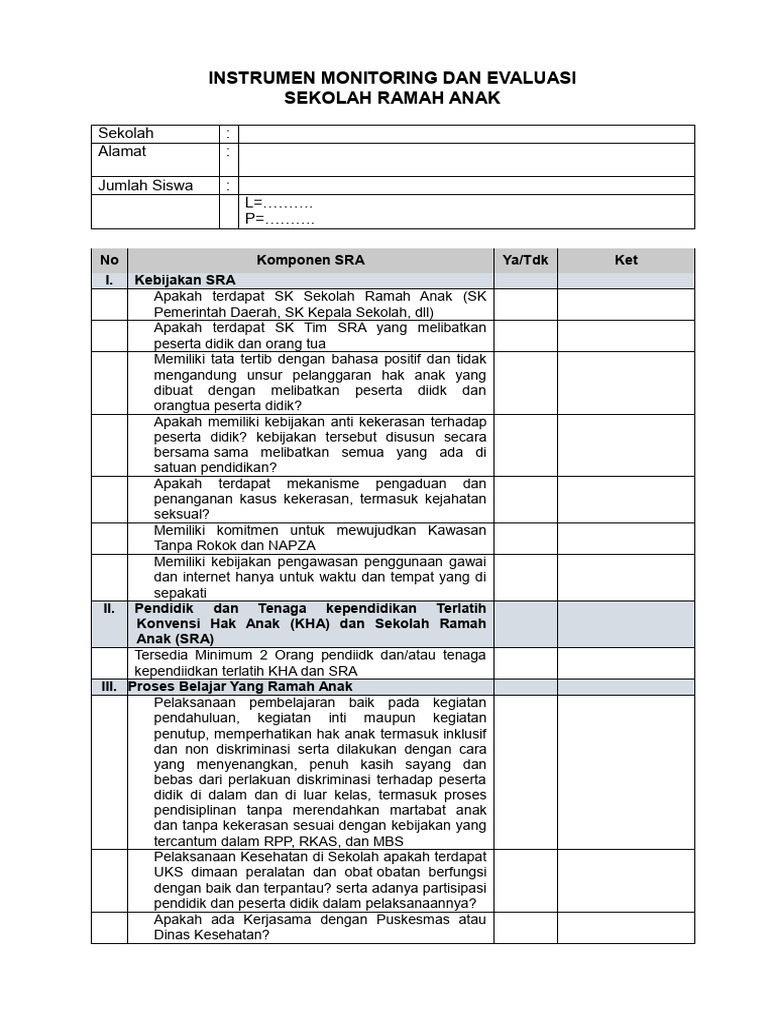Instrumen Monitoring Dan Evaluasi Sekolah Ramah Anak 2024 | PDF | Karier & Perkembangan | Ilmu ...
