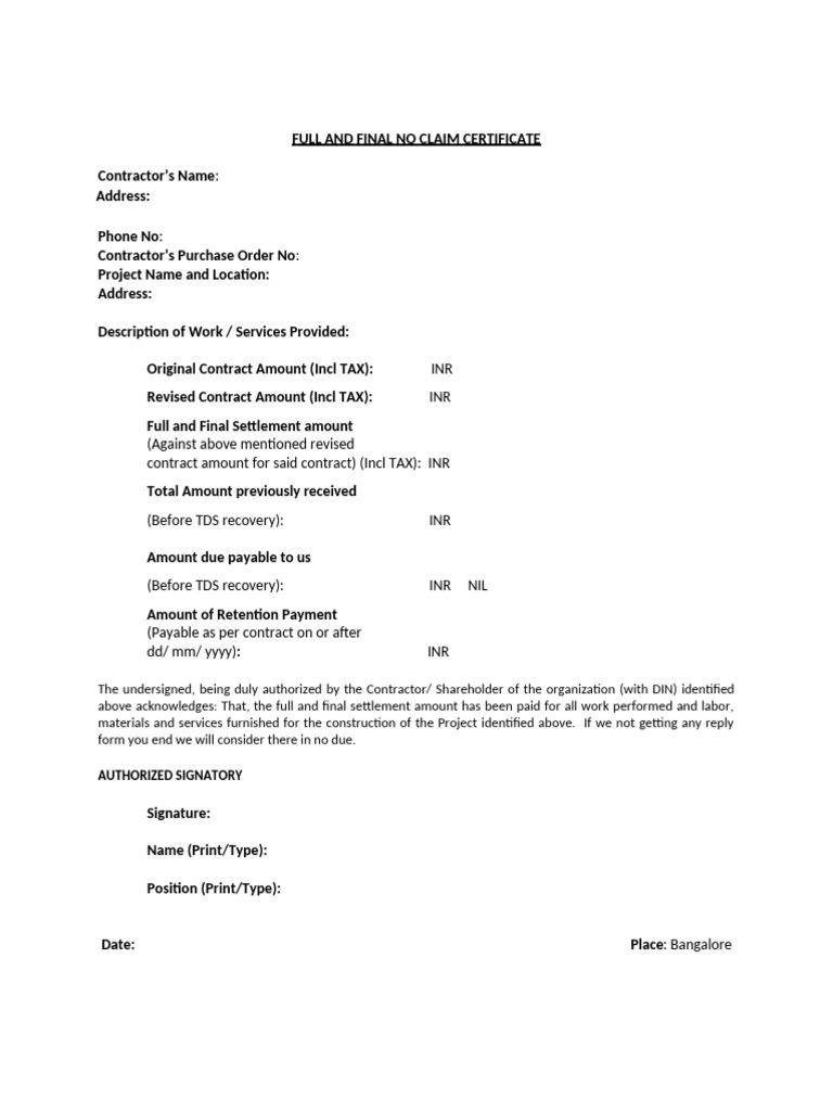 Full and Final No Claim Certificate | PDF