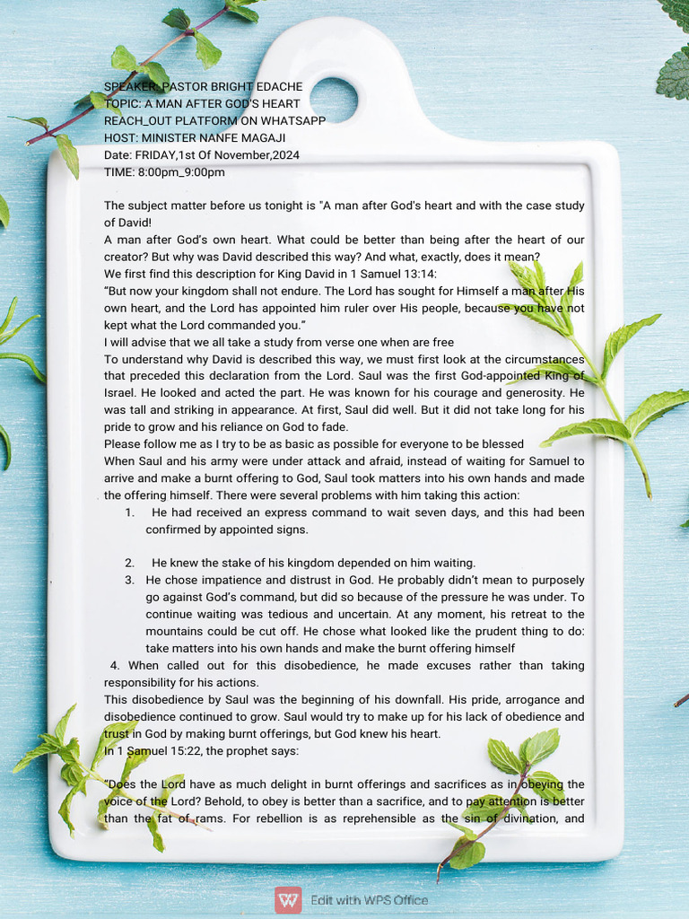 A Man After God's Heart: Lessons from David | PDF | David | Books Of Samuel