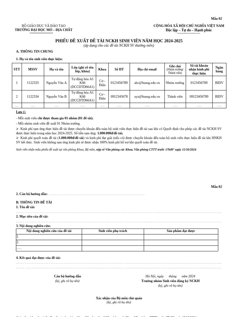 Mẫu 2- Phiếu đề xuất đề tài NCKH SV thường niên | PDF