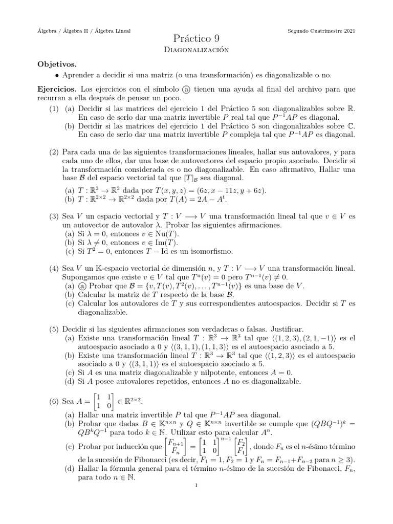 Práctico9 Diagonalización 2021 | PDF | Valores propios y vectores propios | Mapa lineal