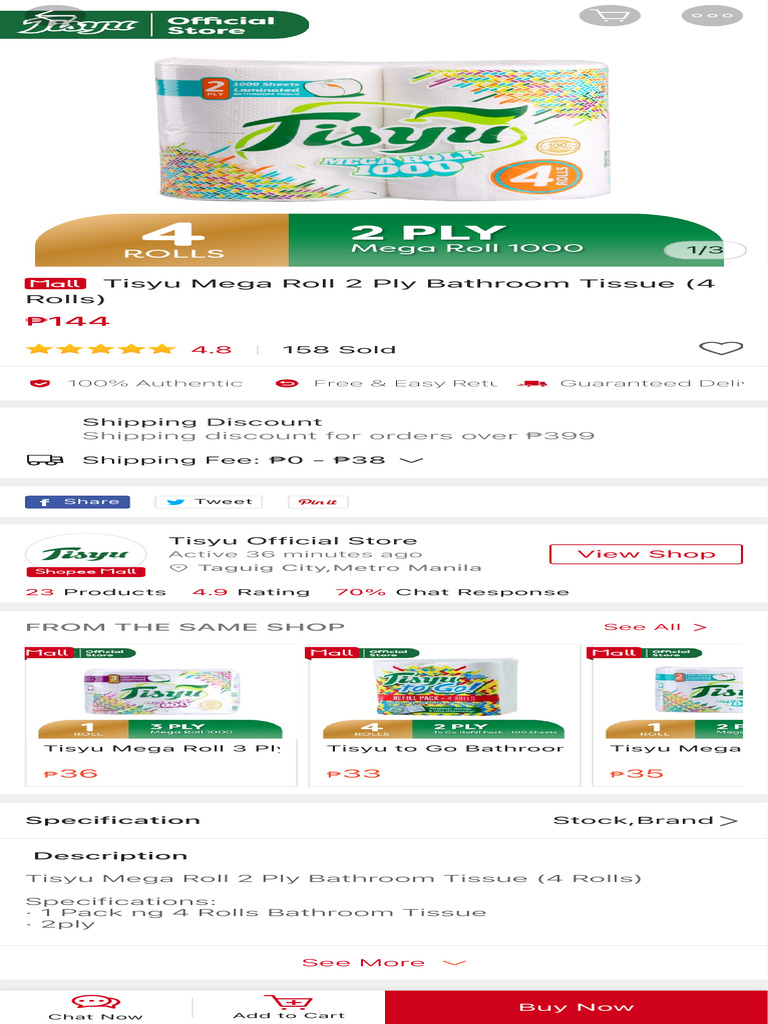 Tisyu Mega Roll 2 Ply Bathroom Tissue (4 Rolls) Shopee Philippines ...