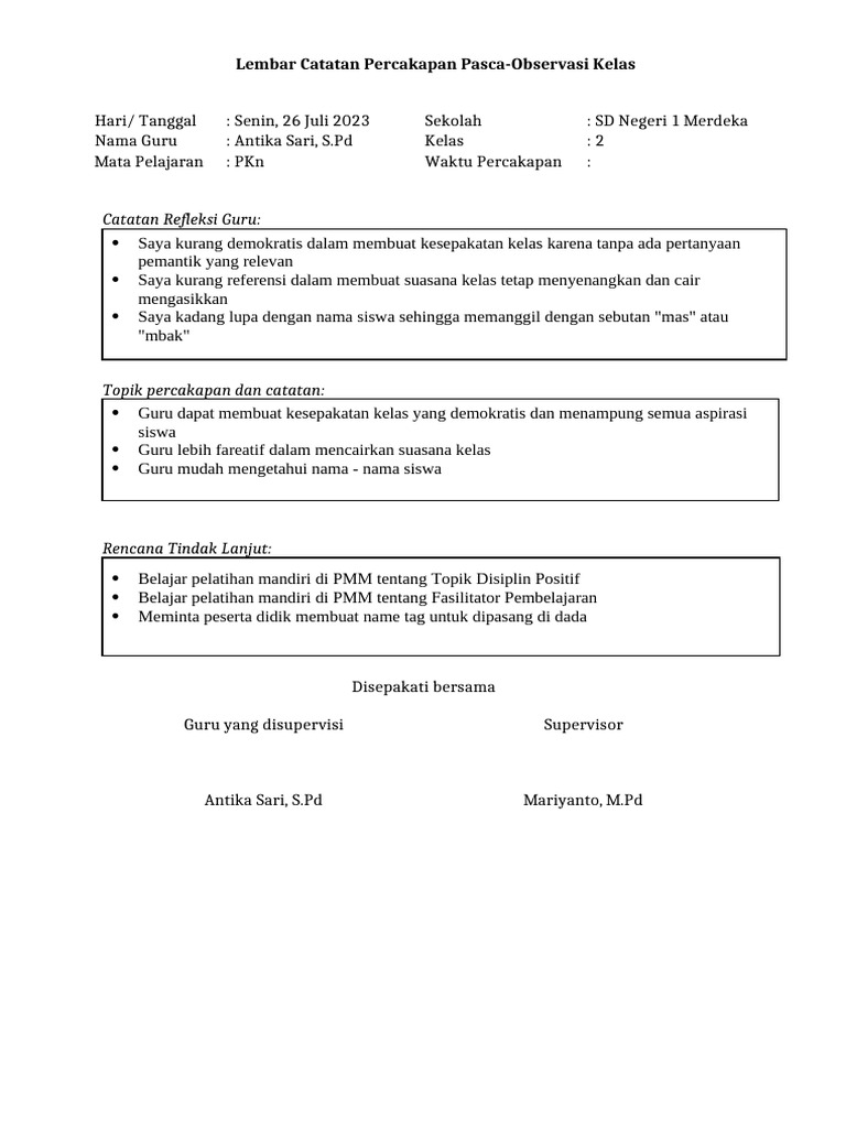3 - Lembar Catatan Percakapan Pasca-Observasi Kelas | PDF