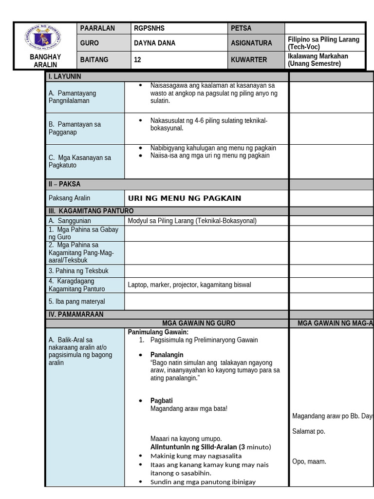 Menu NG Pagkain Demo Tom | PDF