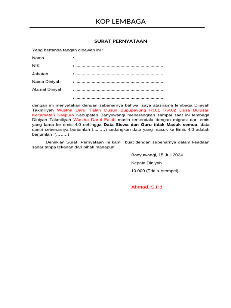 Surat Pernyataan Kendala Emis 4.0 | PDF