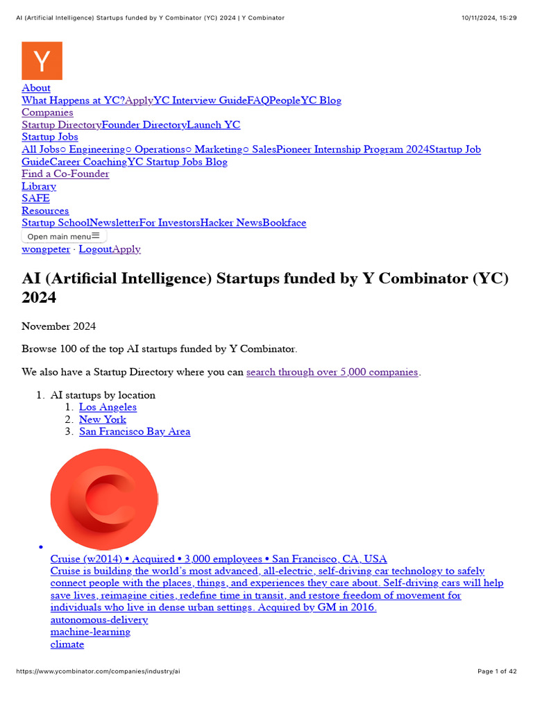 AI (Artificial Intelligence) Startups Funded by Y Combinator (YC) 2024 - Y Combinator | PDF ...