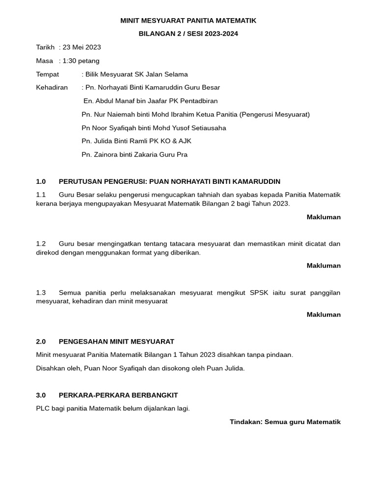 Minit Mesyuarat Panitia Matematik Bil 2 2023 2024 | PDF