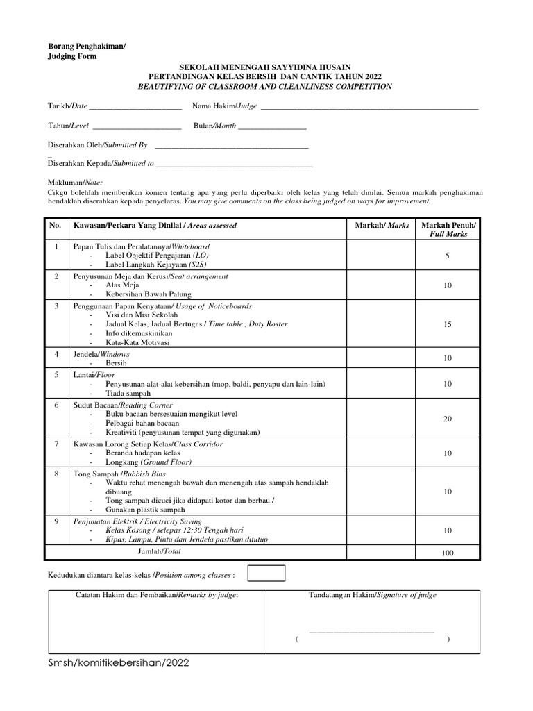 Borang Penilaian Kebersihan 2022 PDF | PDF