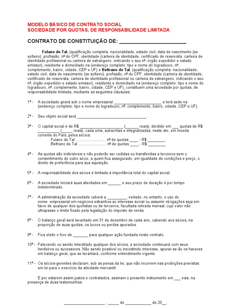 MODELO BÁSICO DE CONTRATO SOCIAL Exercicios | PDF | Companhia de ...