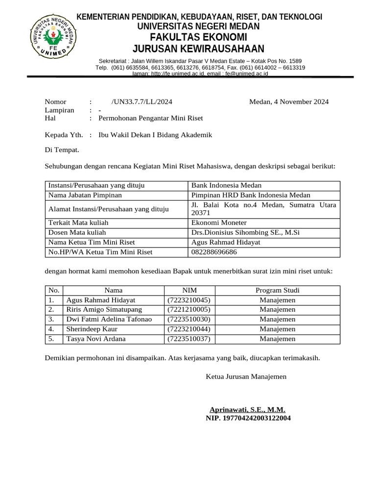Permohonan Izin Mini Riset Unimed | PDF | Bisnis