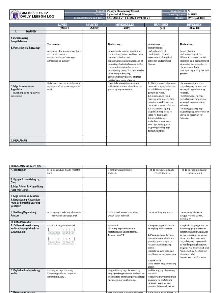 DLL Mapeh-5 Q2 W2-1 | PDF