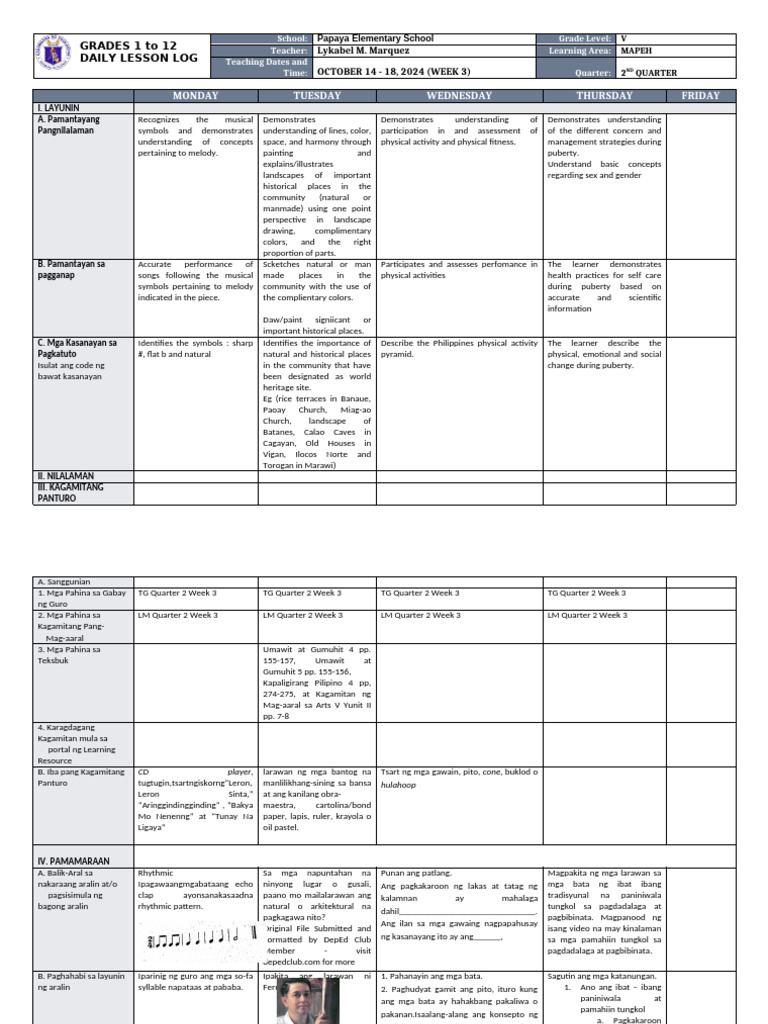 DLL Mapeh-5 Q2 W3 | PDF