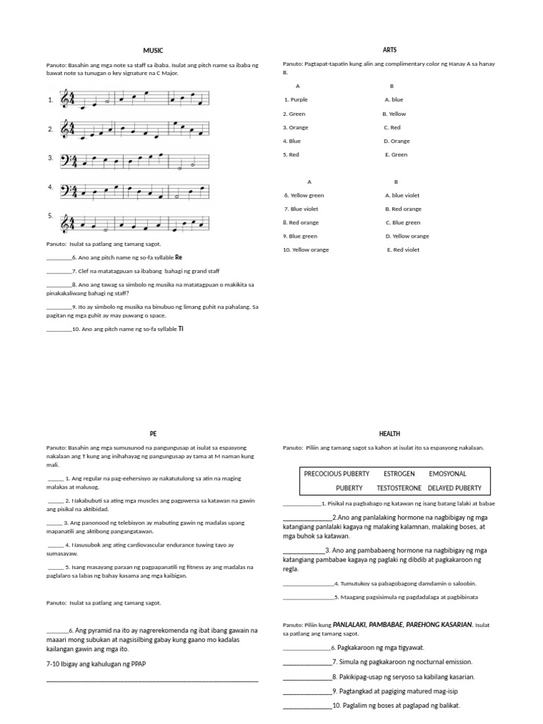 Mapeh 5 Quiz | PDF