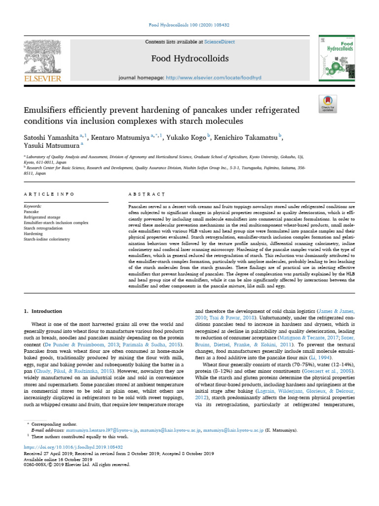 Food Hydrocolloids: Satoshi Yamashita, Kentaro Matsumiya, Yukako Kogo, Kenichiro Takamatsu ...