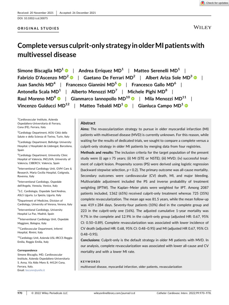 Cathet Cardio Intervent - 2022 - Biscaglia - Complete Versus Culprit ...